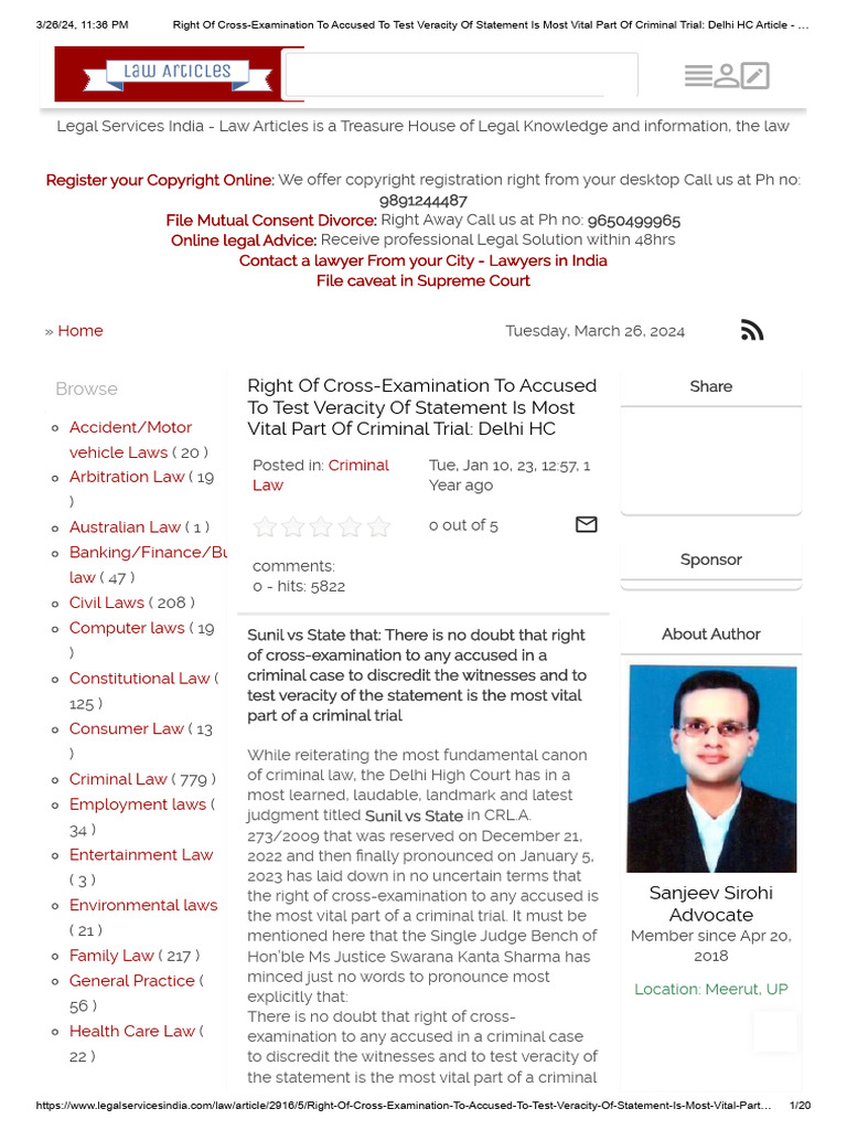 Right of Cross-Examination To Accused To Test Veracity of Statement Is ...