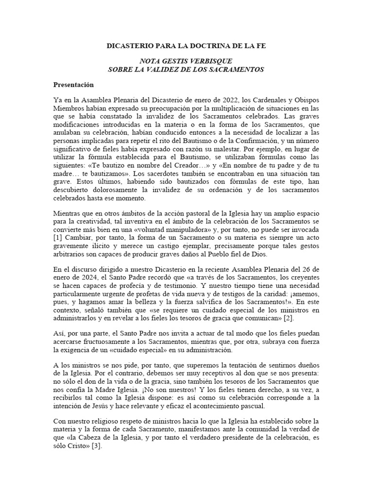 Nota Gestis Verbisque Sobre Validez de Los Sacramentos | PDF | Iglesia ...