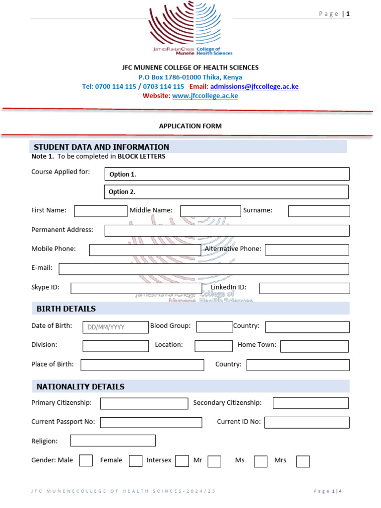 JFC Munene College Application Form | PDF