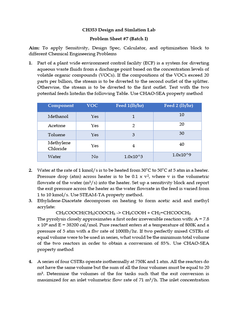 CH353 Problem Sheet #7 Batch II 2024 | PDF | Chemical Reactor | Chemical Substances