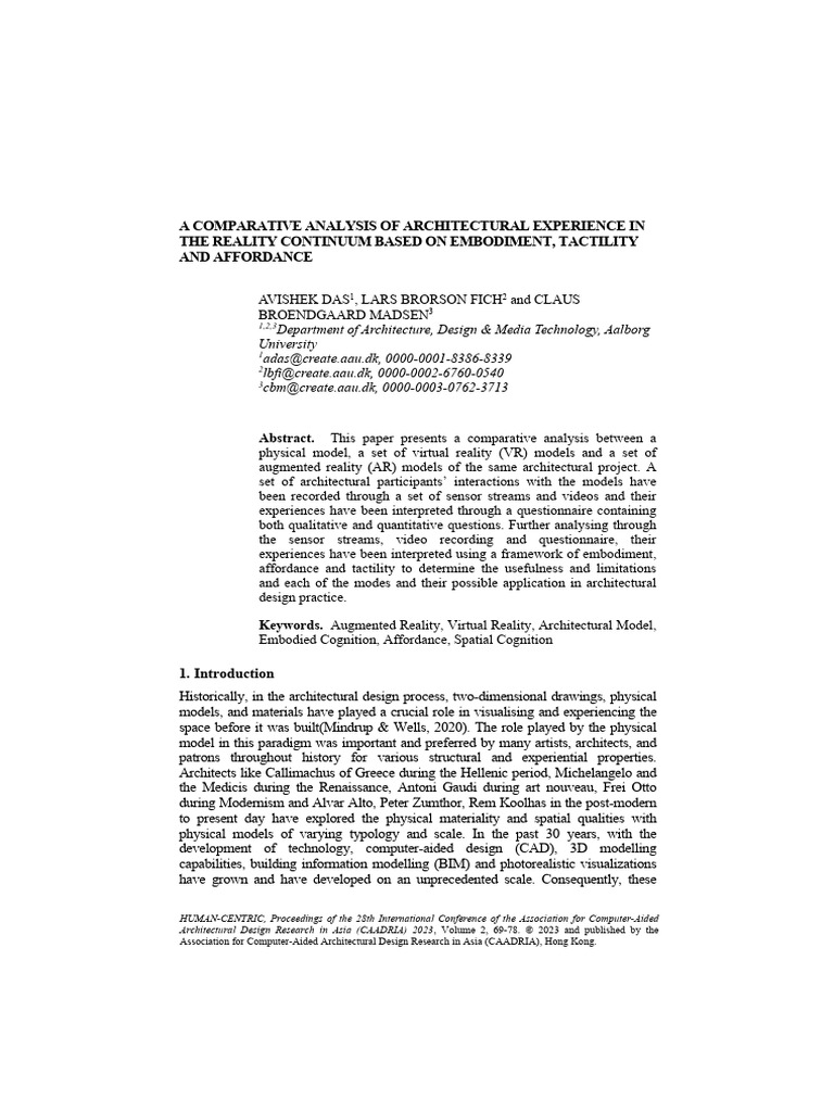 A Comparative Analysis of Architectural Experience in The Reality Continuum Based On Embodiment ...