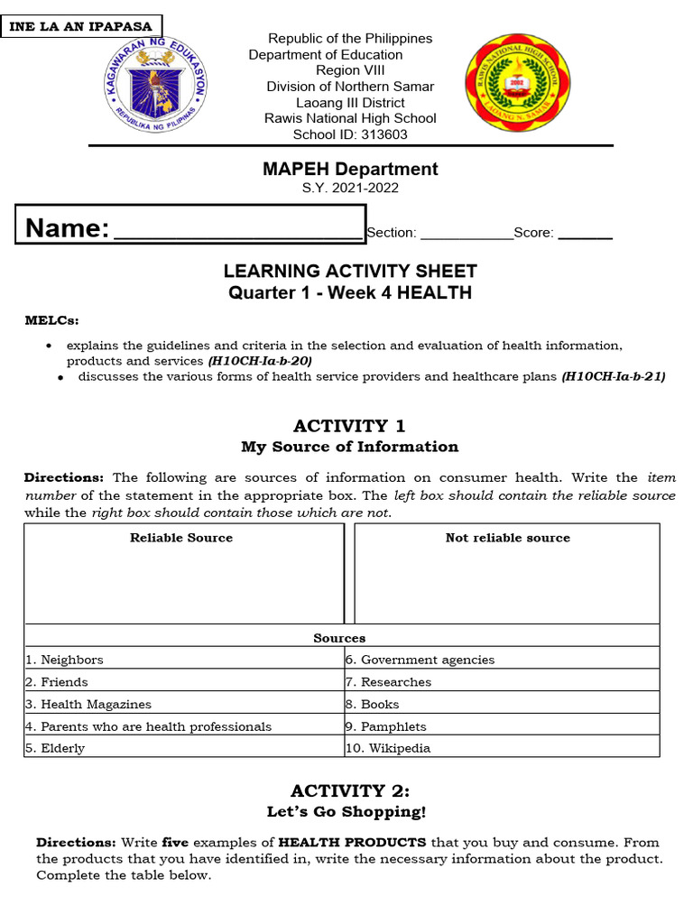 Answer Sheets Health | PDF | Health Care | Health Sciences