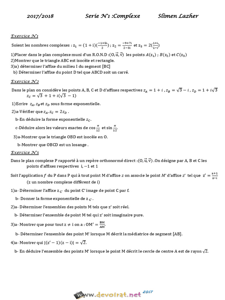 Série D'exercices - Math - Complexes - Bac Technique (2017-2018) MR Slimen Lazher | PDF | Nombre ...