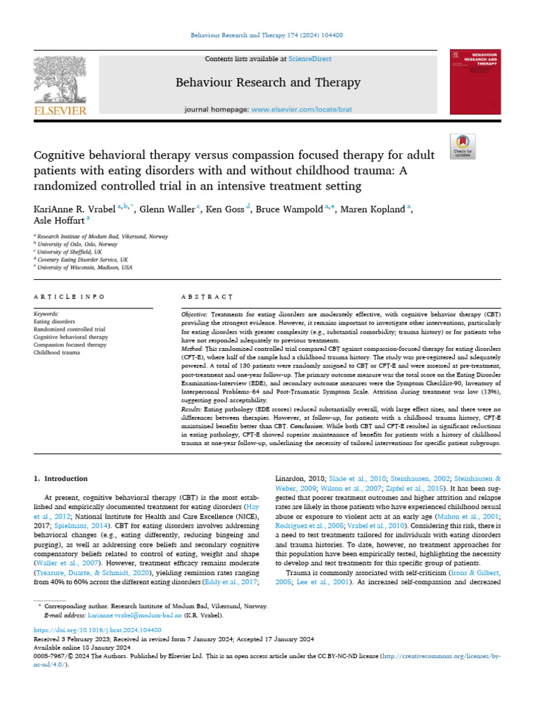 Article (CBT Vs CFT) | PDF | Cognitive Behavioral Therapy | Eating Disorder
