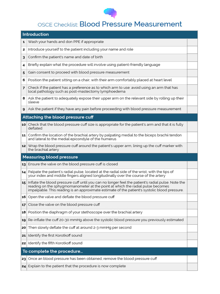 OSCE Checklist Blood Pressure Measurement | PDF | Blood Pressure | Arm