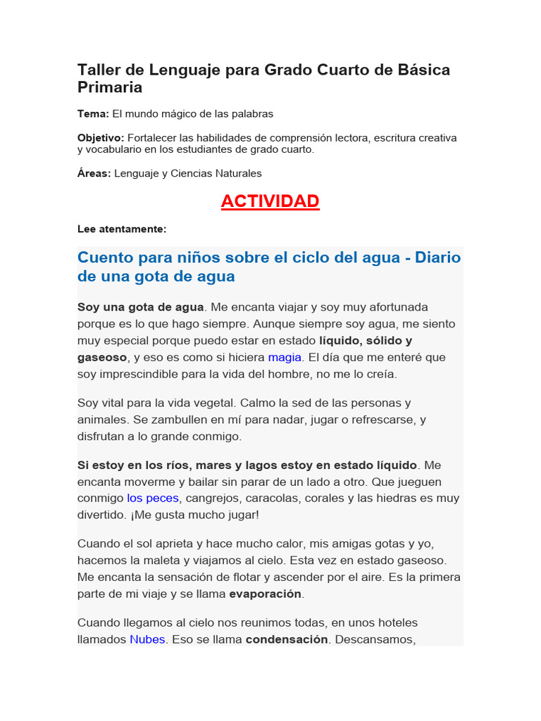 Taller de Lenguaje para Grado Cuarto de Básica Primaria | PDF | Agua ...
