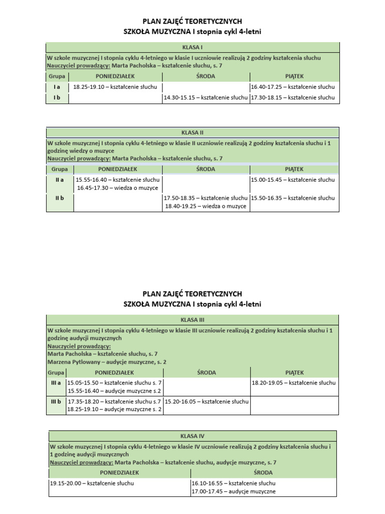 Plan Zajęć WG Klas Cykl 4-Letni | PDF