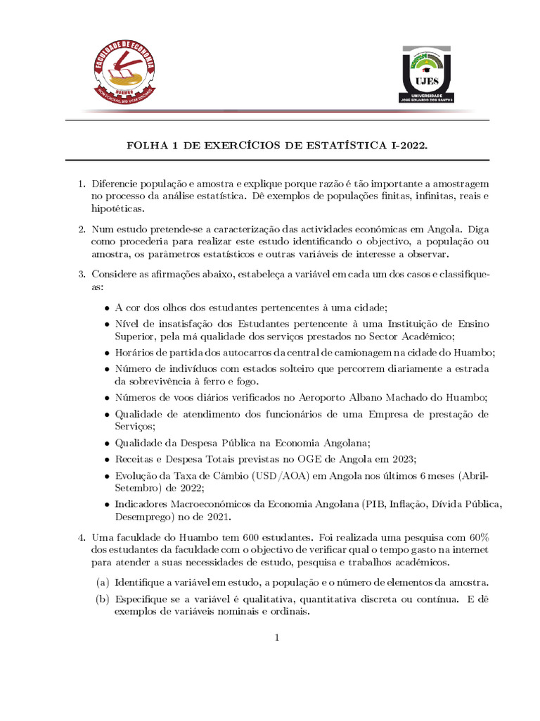 Hoja 1 - EstatÃ - Stica I - 2022 | PDF