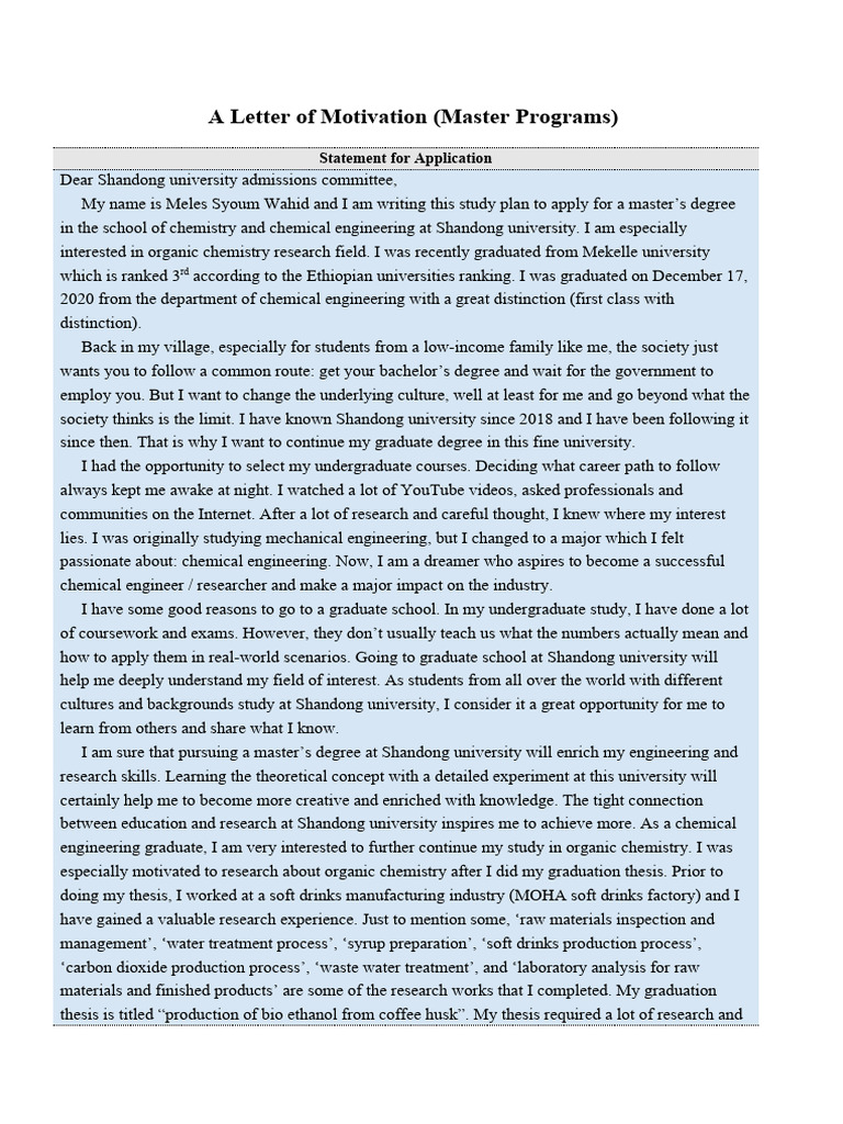 A Letter of Motivation (Master Programs) | PDF | Academic Degree ...