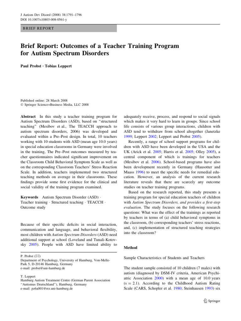 PROBST, LEPPERT Brief Report Outcomes of A Teacher Training Program | PDF | Autism Spectrum ...