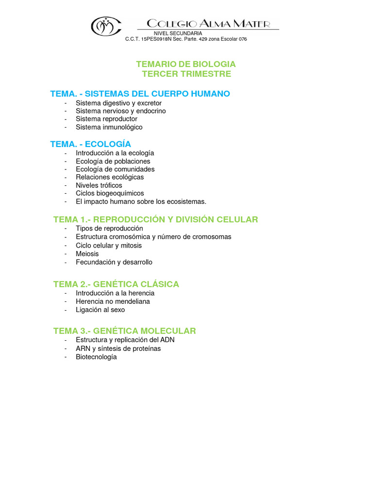 Temario de Biologia Tercer Trimestre | PDF