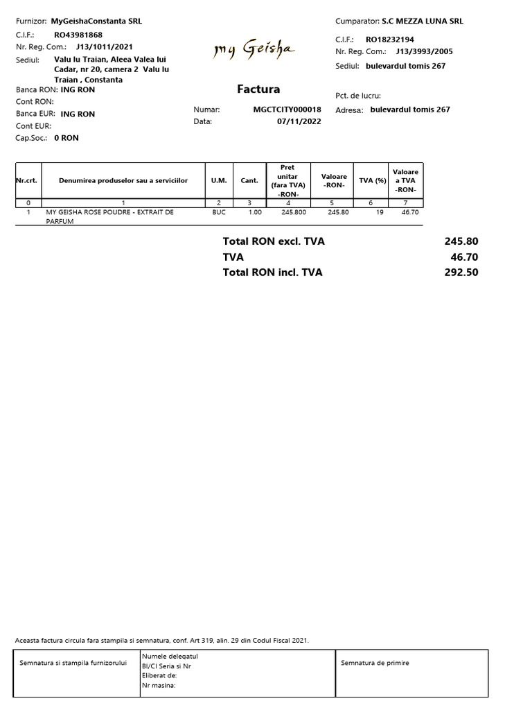 SC Mezza Luna SRL Factura | PDF