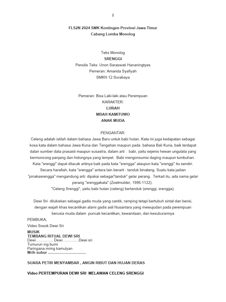 Ada Teks Monolog FLS2N 2024 Srenggi | PDF