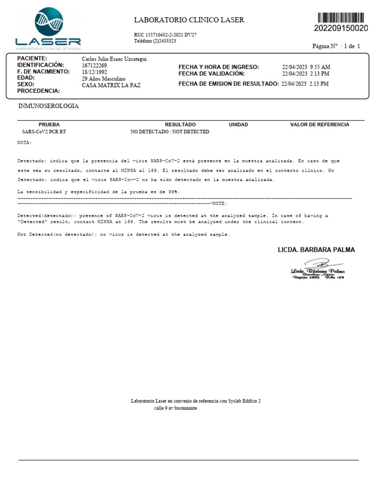 Resultado PCR SARS-CoV-2 Negativo | PDF