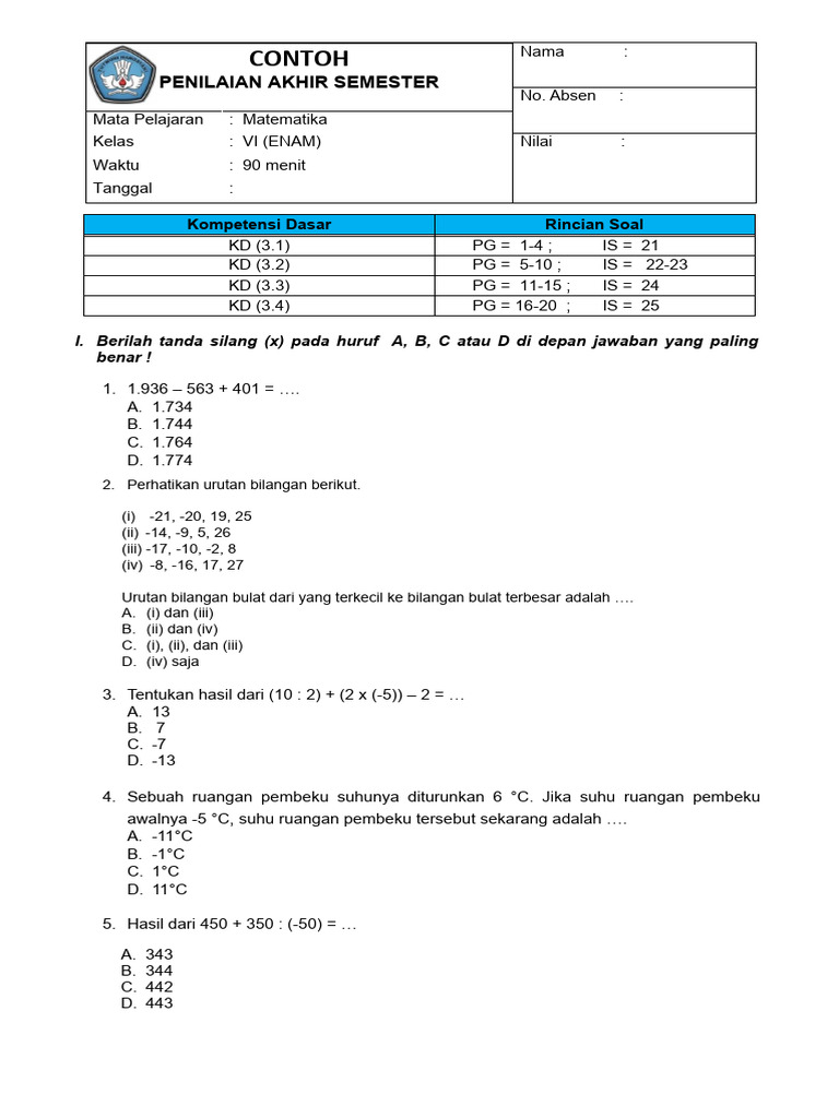 Contoh Soal Pas 1 MTK Kelas Vi | PDF | Metode & Bahan Ajar