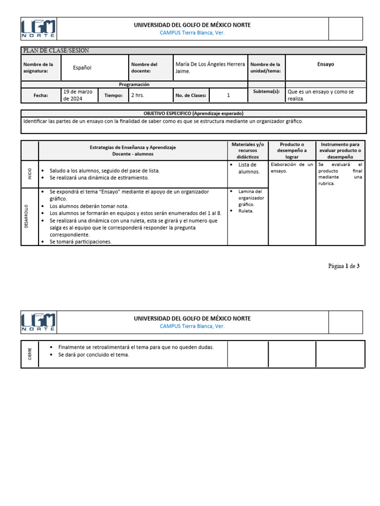 Formato Plan Clase NO ESC Lab Docente | PDF