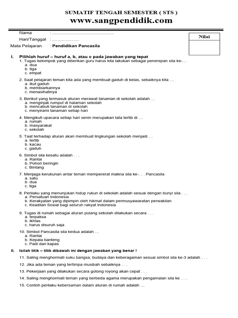 SOAL STS Pendidikan Pancasila KELAS 2 SEMESTER 2 | PDF | Kajian Bahasa Asing