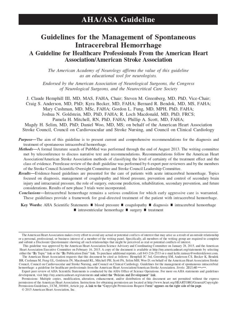 Guidelines for Management of Spontaneous ICH-2015 | PDF | Stroke | Magnetic Resonance Imaging