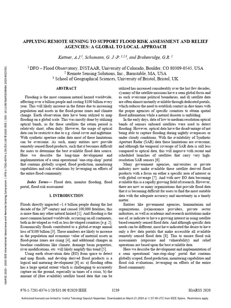 Applying Remote Sensing To Support Flood Risk Assessment and Relief Agencies A Global To Local ...
