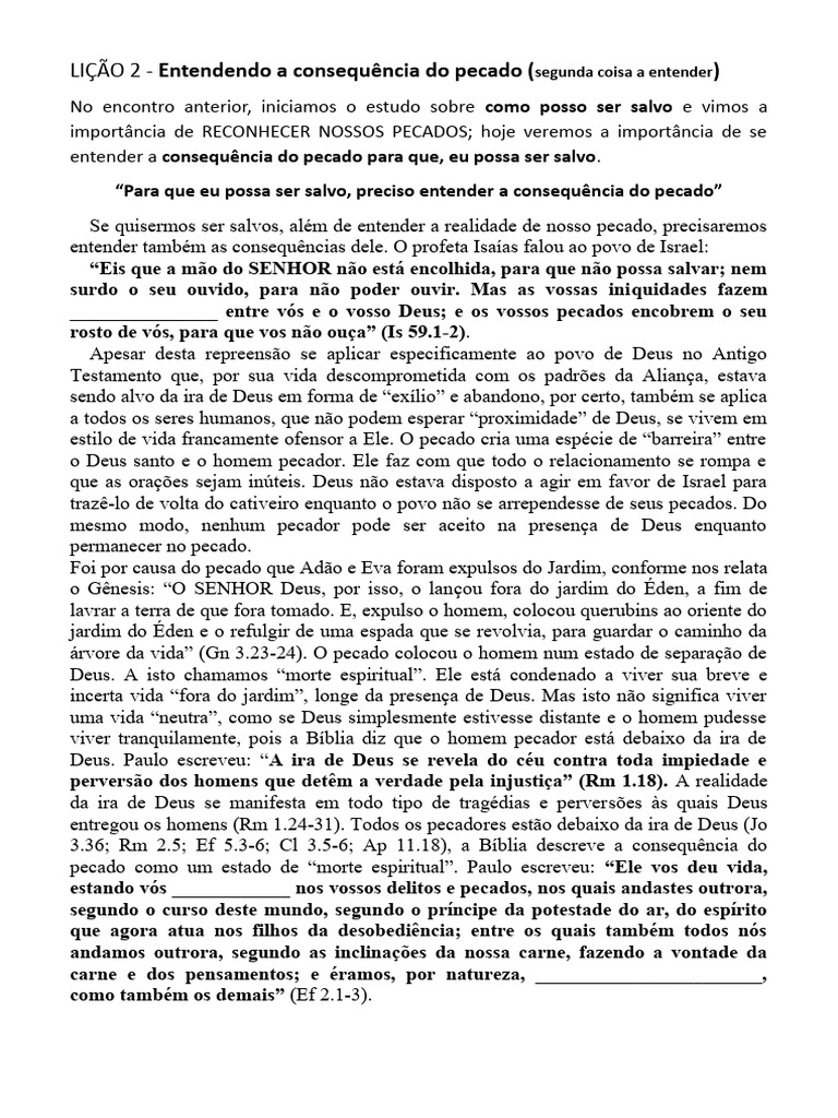 Aula 2 Entend As Conseq Do Pecado Download Grátis Pdf Pecado Diabo