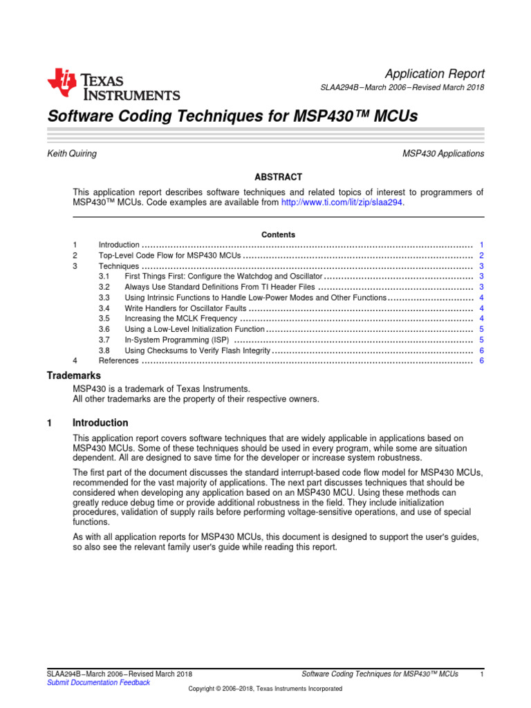 Slaa294b Software Coding Techniques For Msp430 Mcus Pdf Flash Memory Microcontroller