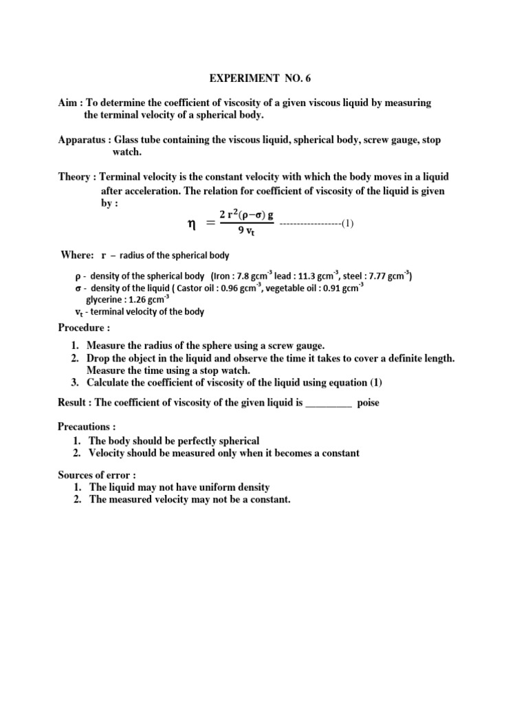 Viscosity Coefficient Experiment Class 11 | PDF