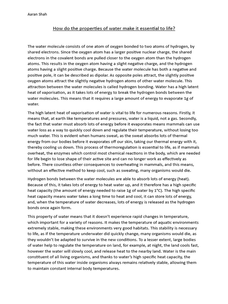 How Do Properties of Water Make It Essential To Life Essay | PDF ...