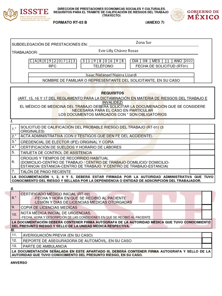 Zona Sur Evie Lilly Chávez Rosas 6 8 1: Formato Rt-03 B (ANEXO 7) | PDF