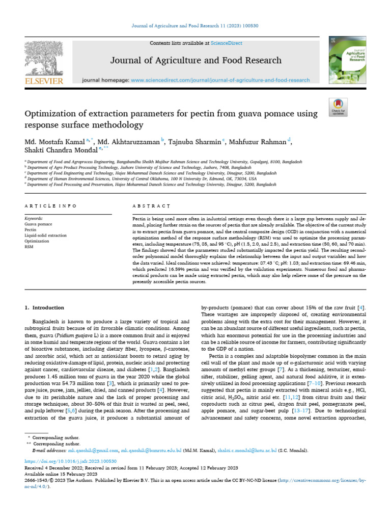 Optimization of Extraction Parameters For Pectin From Guava Pomace Using Response Surface ...