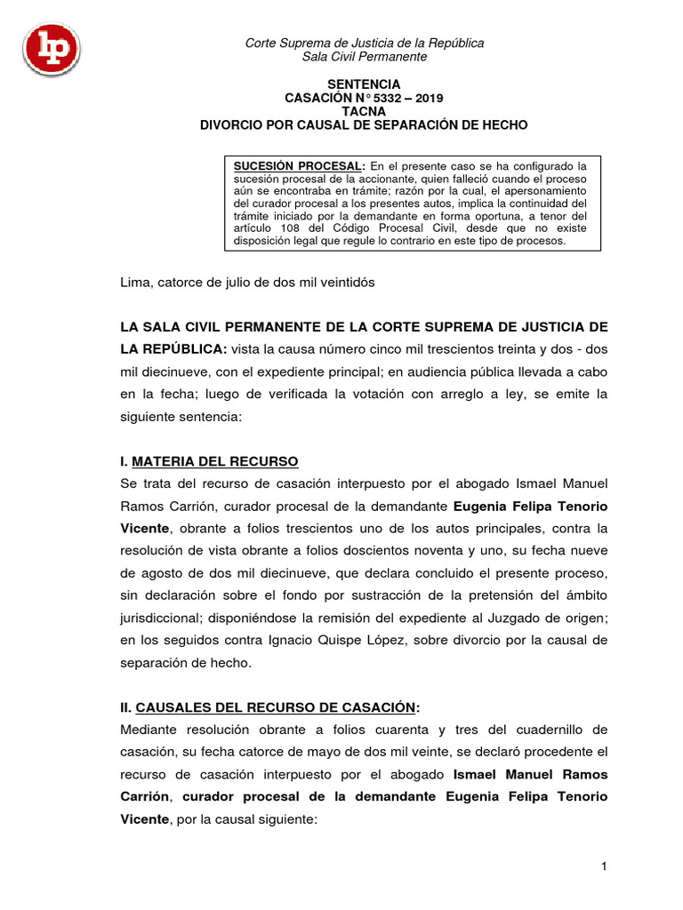 Casación sobre Divorcio por Separación de Hecho | PDF | Ley procesal ...