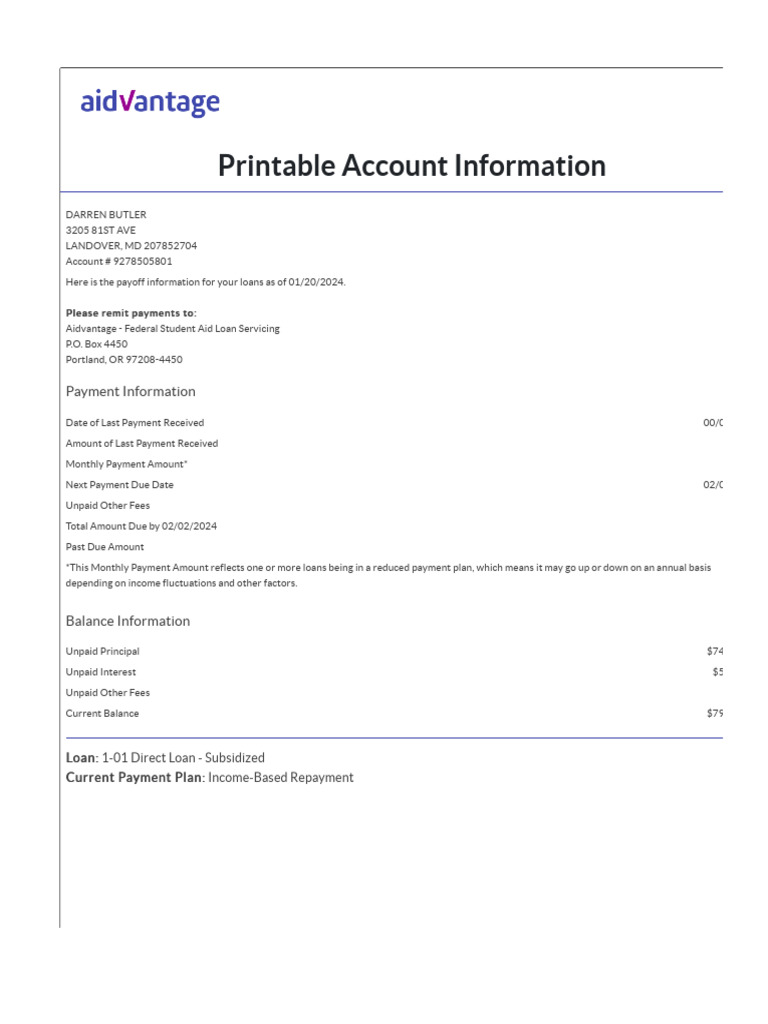 Aidvantage - Printable Account Information | PDF | Interest | Loans