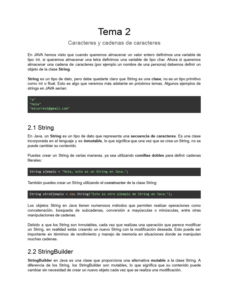 Tema2 CaracteresYCadenasDeCaracteres | PDF | Java (lenguaje de programación) | Cadena (informática)