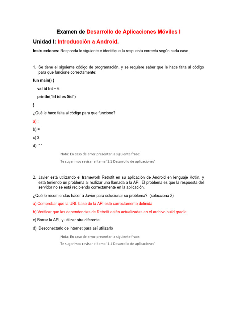 Examen 1 Programacion Movil | PDF | Android (sistema operativo) | Lenguaje de programación