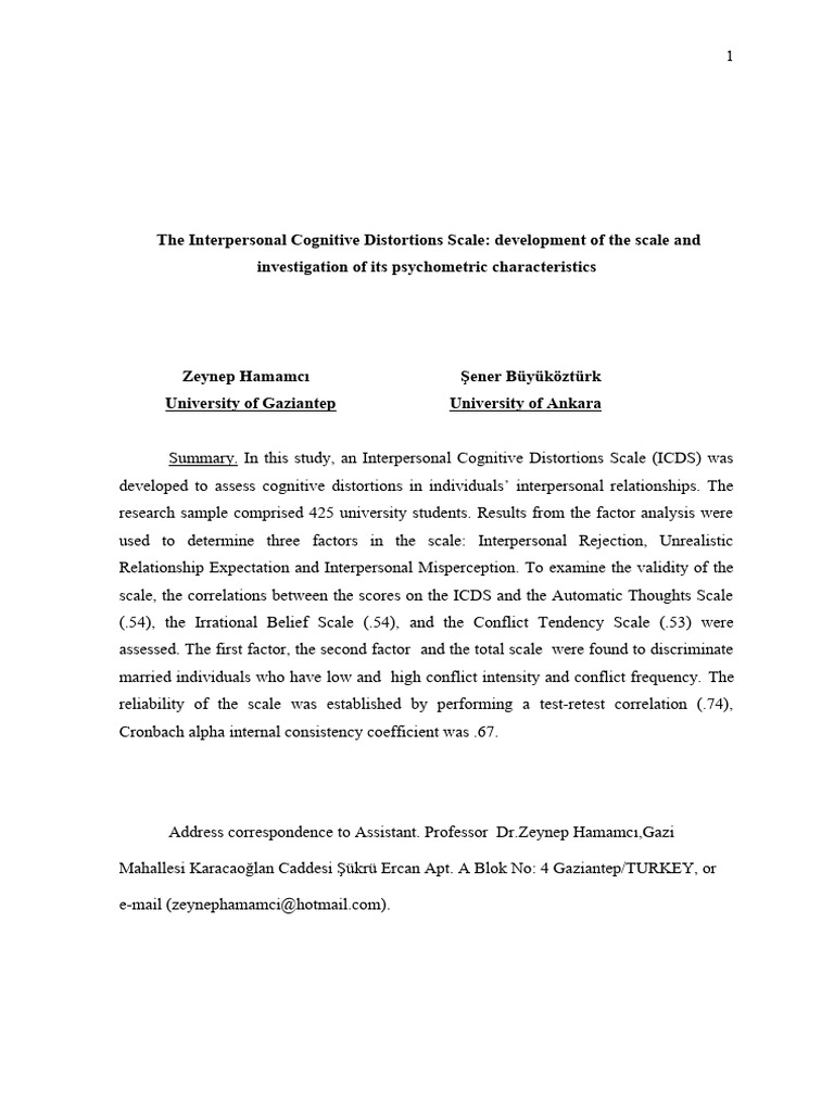The Interpersonal Cognitive Distortions Scale | PDF