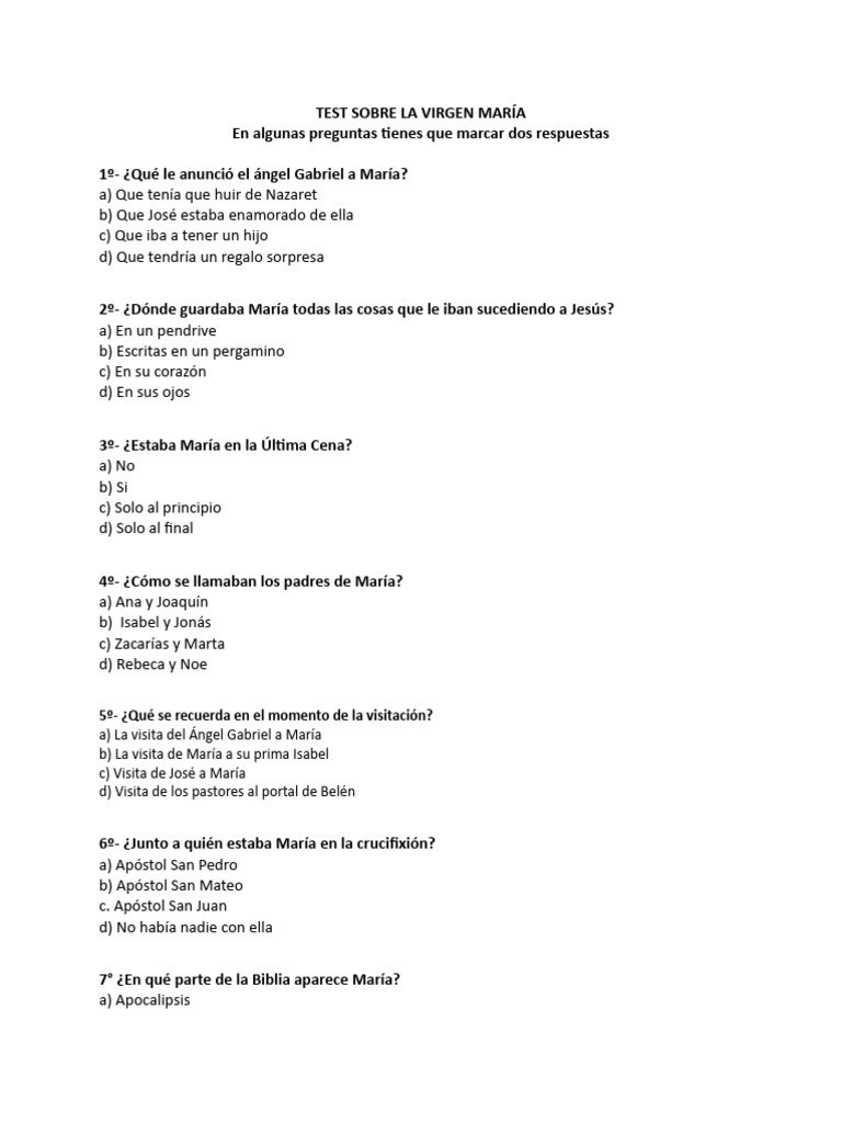 Test Sobre La Virgen María | PDF | María, madre de Jesús | San José