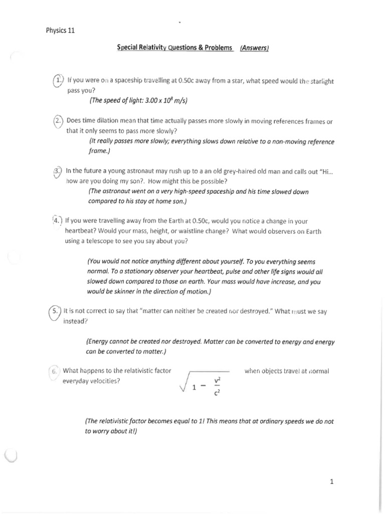 Special Relativity Questions and Problems Key | PDF