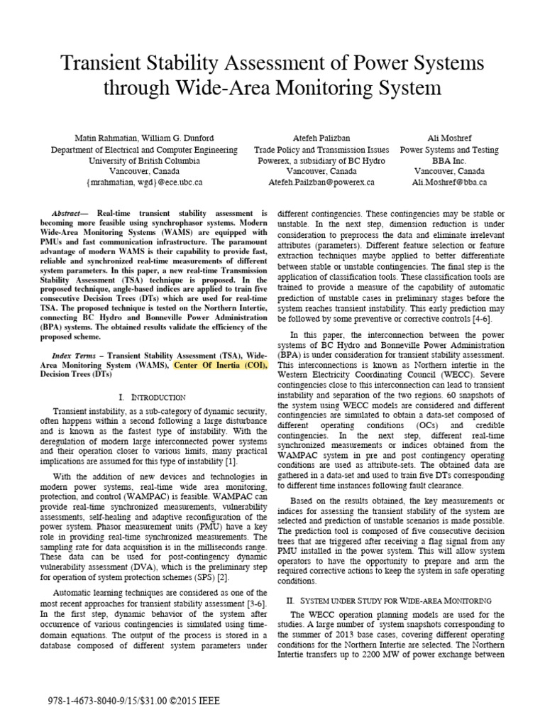 1 Transient Stability Assessment of Power Systems Through Wide Area Monitoring System | PDF ...
