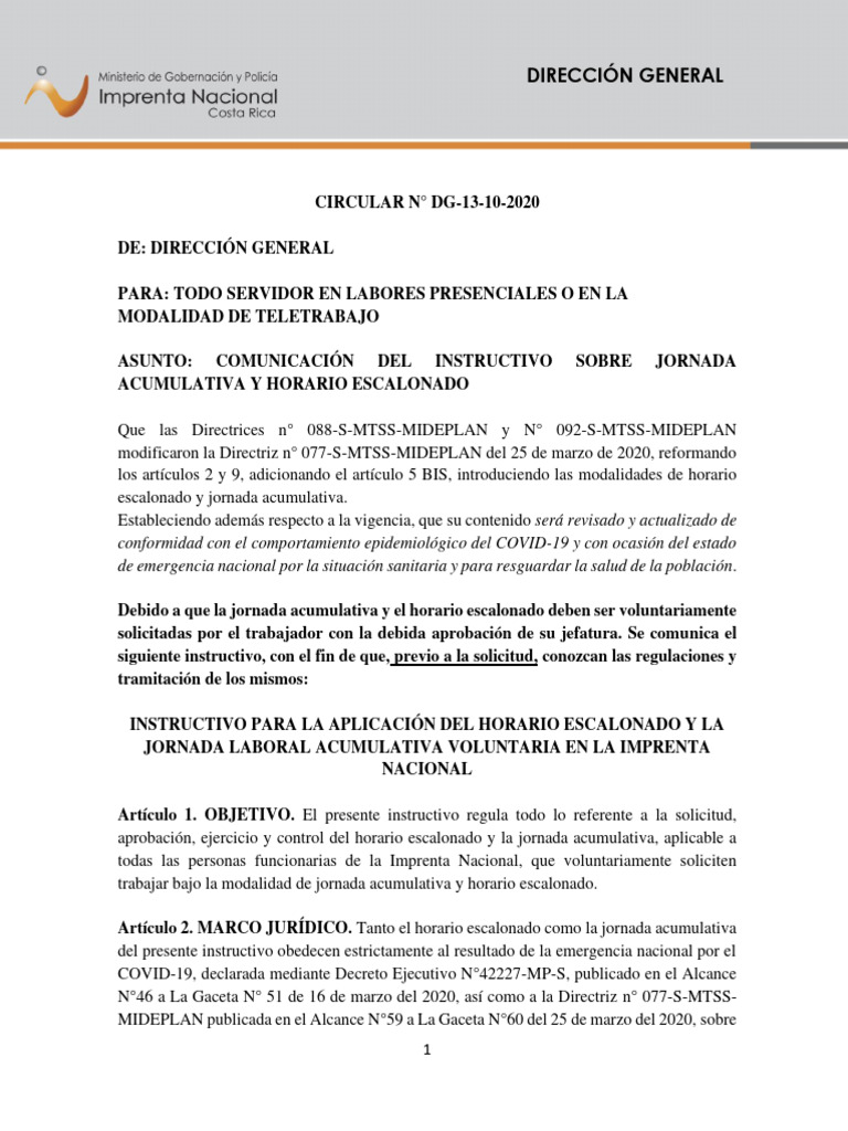 CIRCULAR-DG-13!10!2020 Instructivo Sobre Jornada Acumulativa y Horario Escalonado | PDF ...
