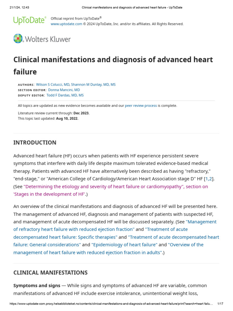 Clinical Manifestations and Diagnosis of Advanced Heart Failure ...