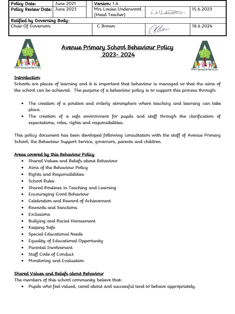 Avenue Primary School Behavior Policy | PDF | Bullying | Teachers