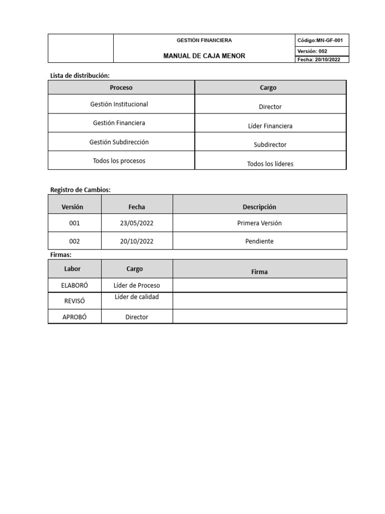 MN-GF-001 Manual de Caja Menor | PDF | Business | Dinero