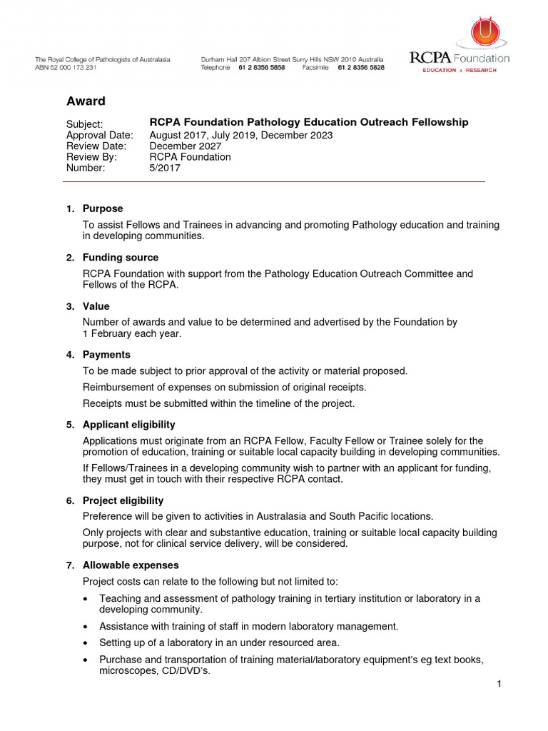 RCPA Foundation Pathology Education Outreach Fellowship | PDF | Pathology