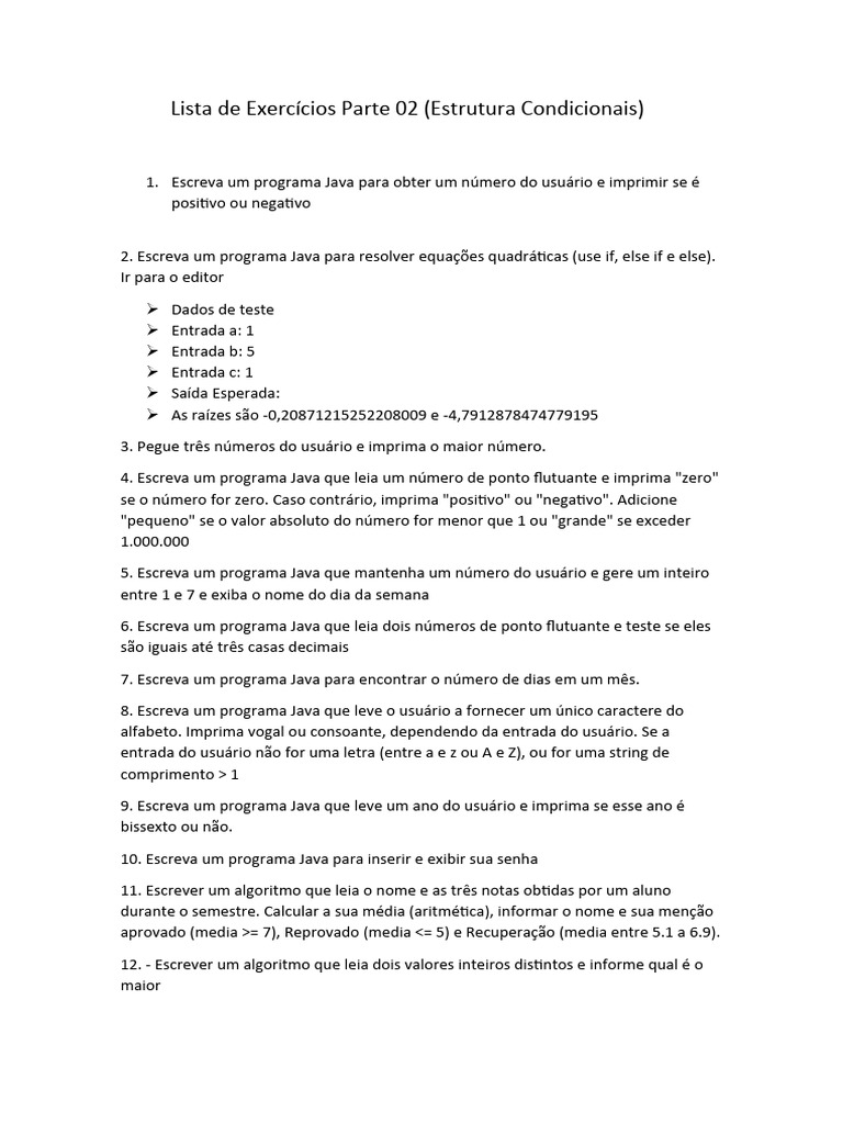 Exercícios de Condicionais em Java | PDF | Números | Algoritmos
