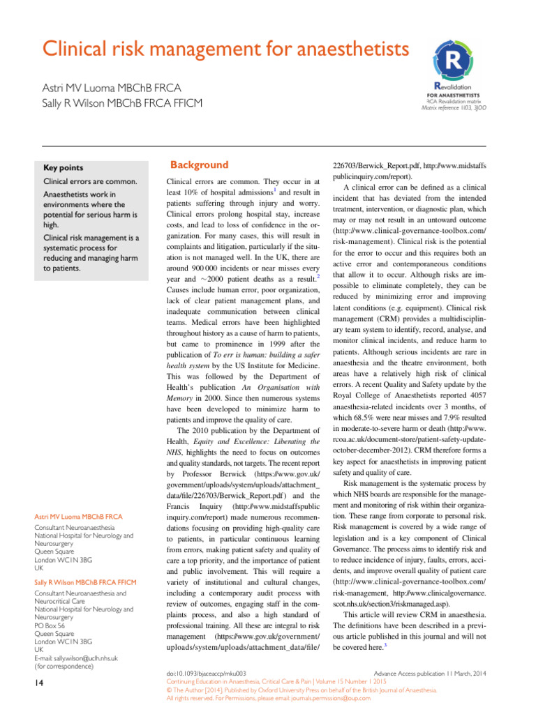 Clinical Risk Management For Anaesthetists - Cea | PDF | Anesthesia ...