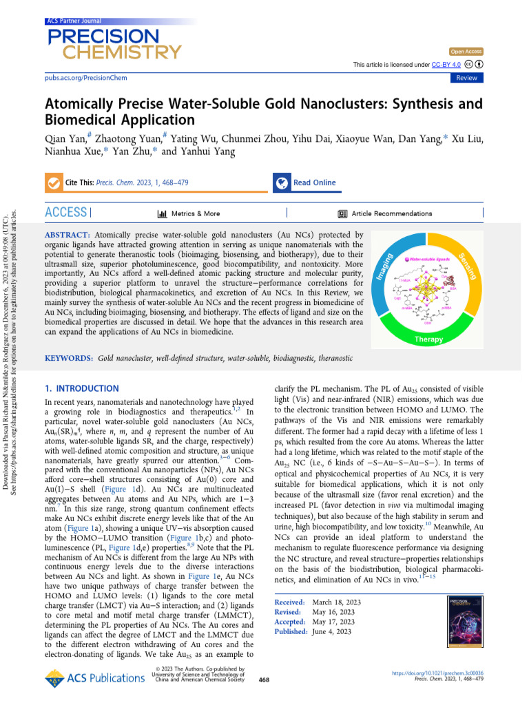 Yan Et Al 2023 Atomically Precise Water Soluble Gold Nanoclusters Synthesis and Biomedical ...