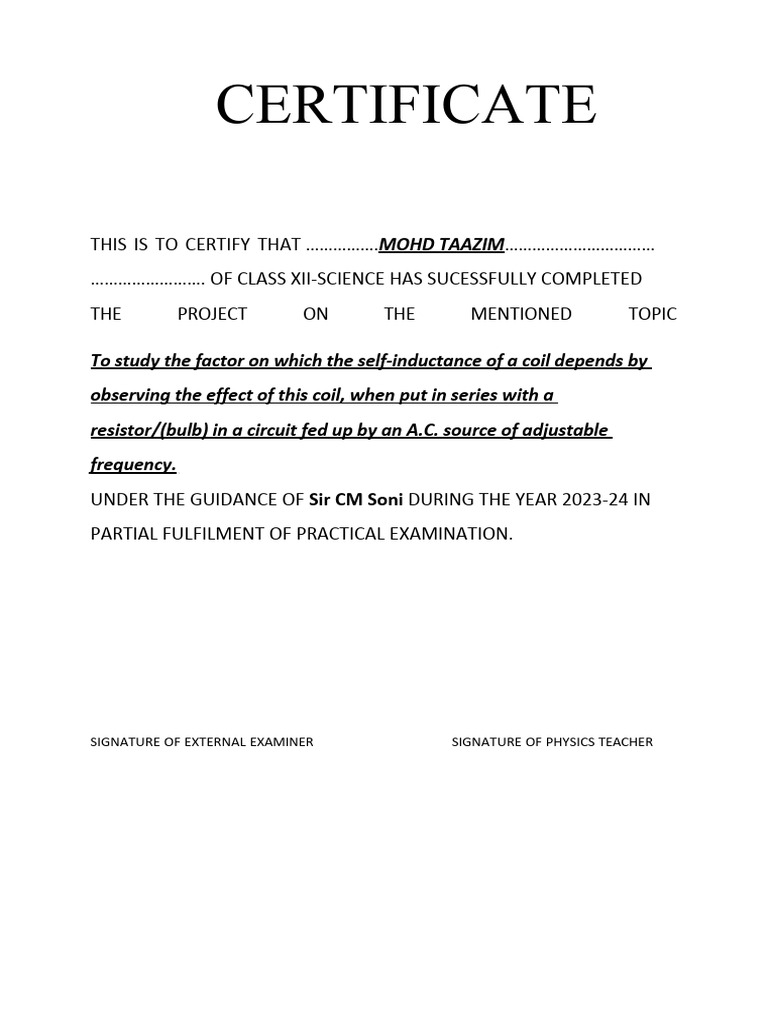 Physics Investigatory File Front Page And Certificate Format Pdf