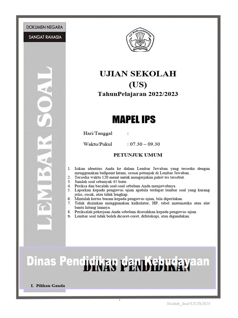 Naskah Soal Ujian Sekolah SMP Mapel Ips Tahun 2023 | PDF