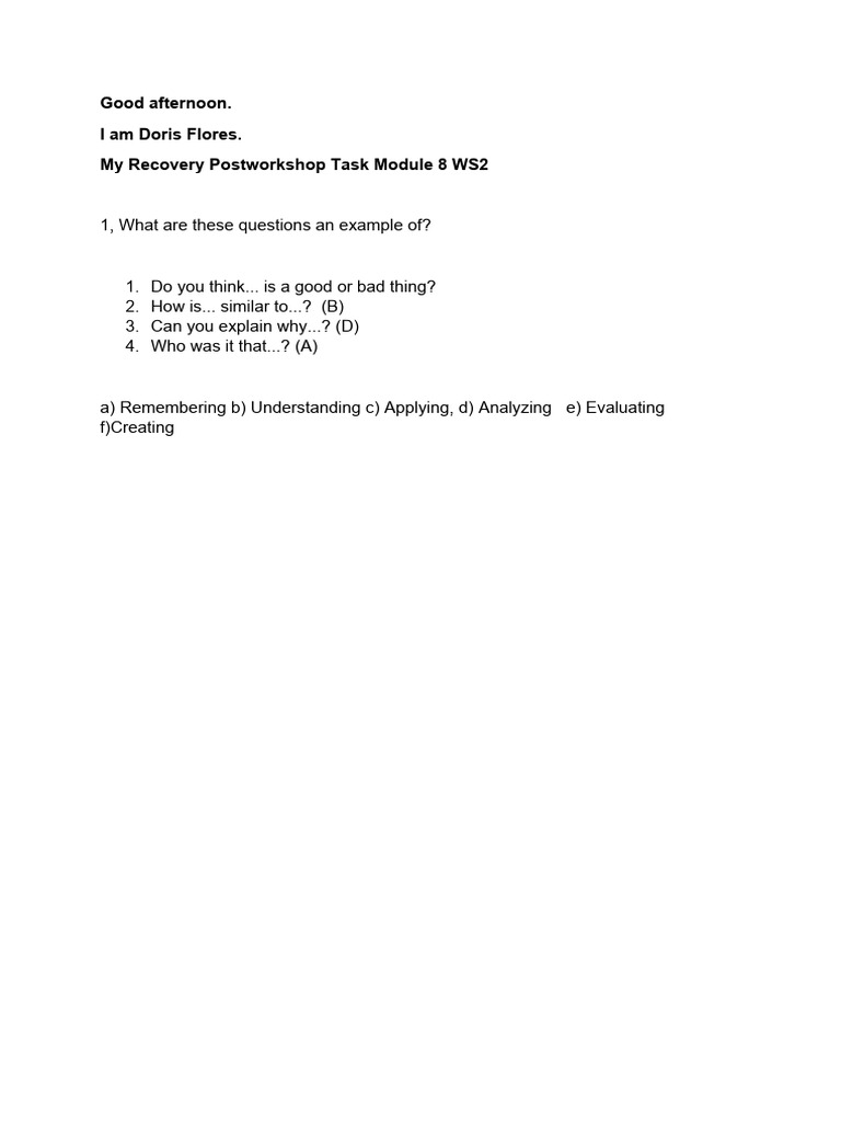 Postworkshop Task Module 8 Overview | PDF | Science & Mathematics