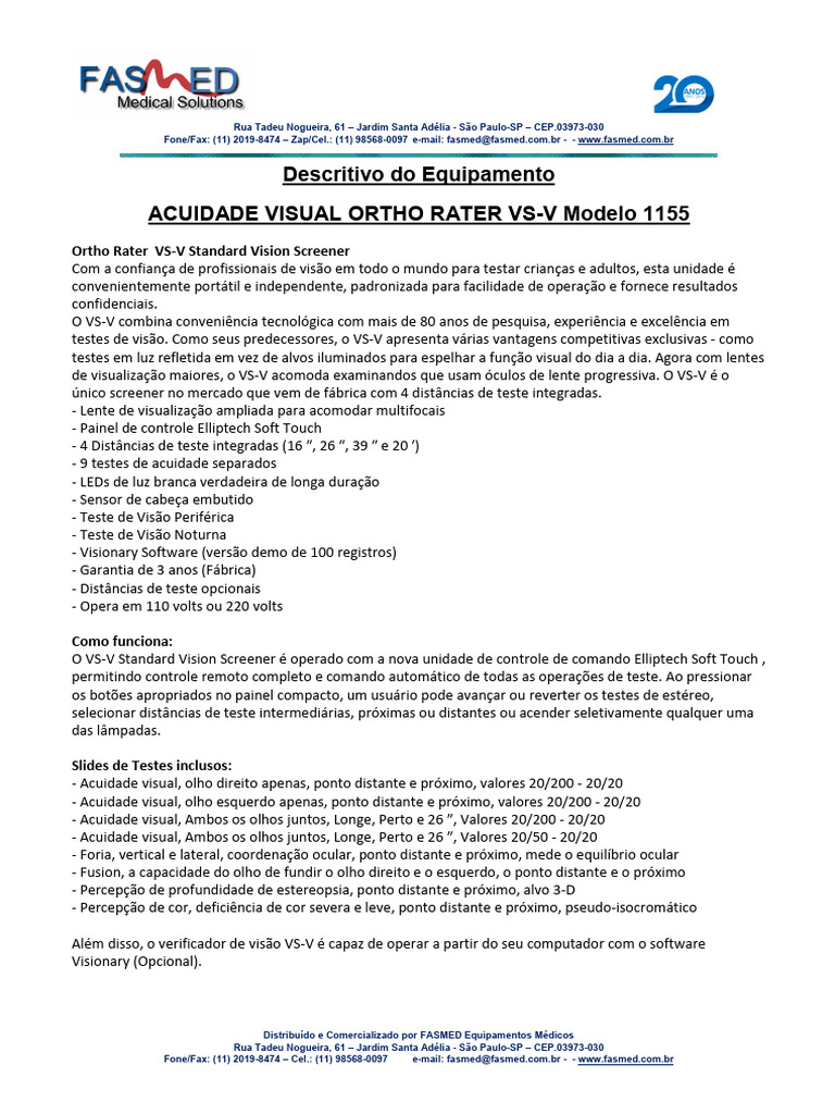 Descritivo Ortho Rater VS-V Mod 1155 - FASMED | PDF | Olho | Sistema visual
