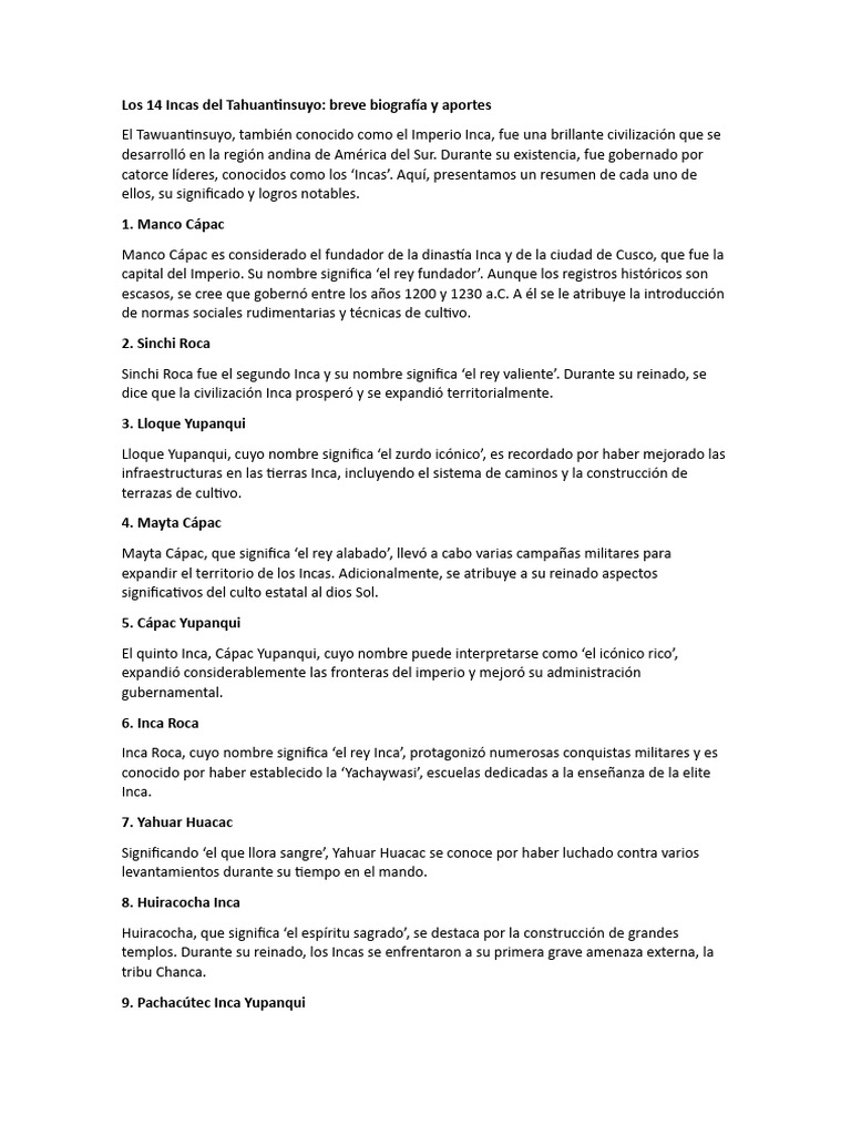 Los 14 Incas Del Tahuantinsuyo | PDF | Imperio Inca